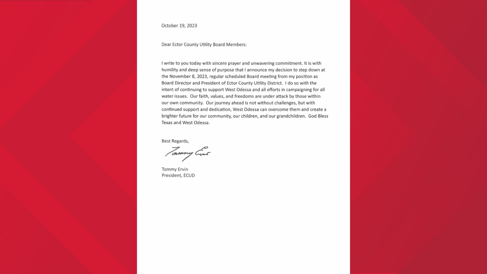 ECUD Board President Tommy Ervin steps down | newswest9.com