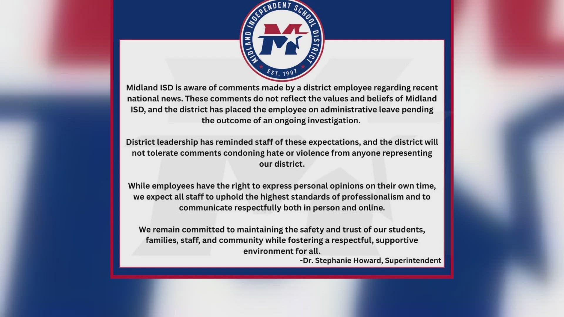 Midland ISD employee on leave after inappropriate comments on national ...