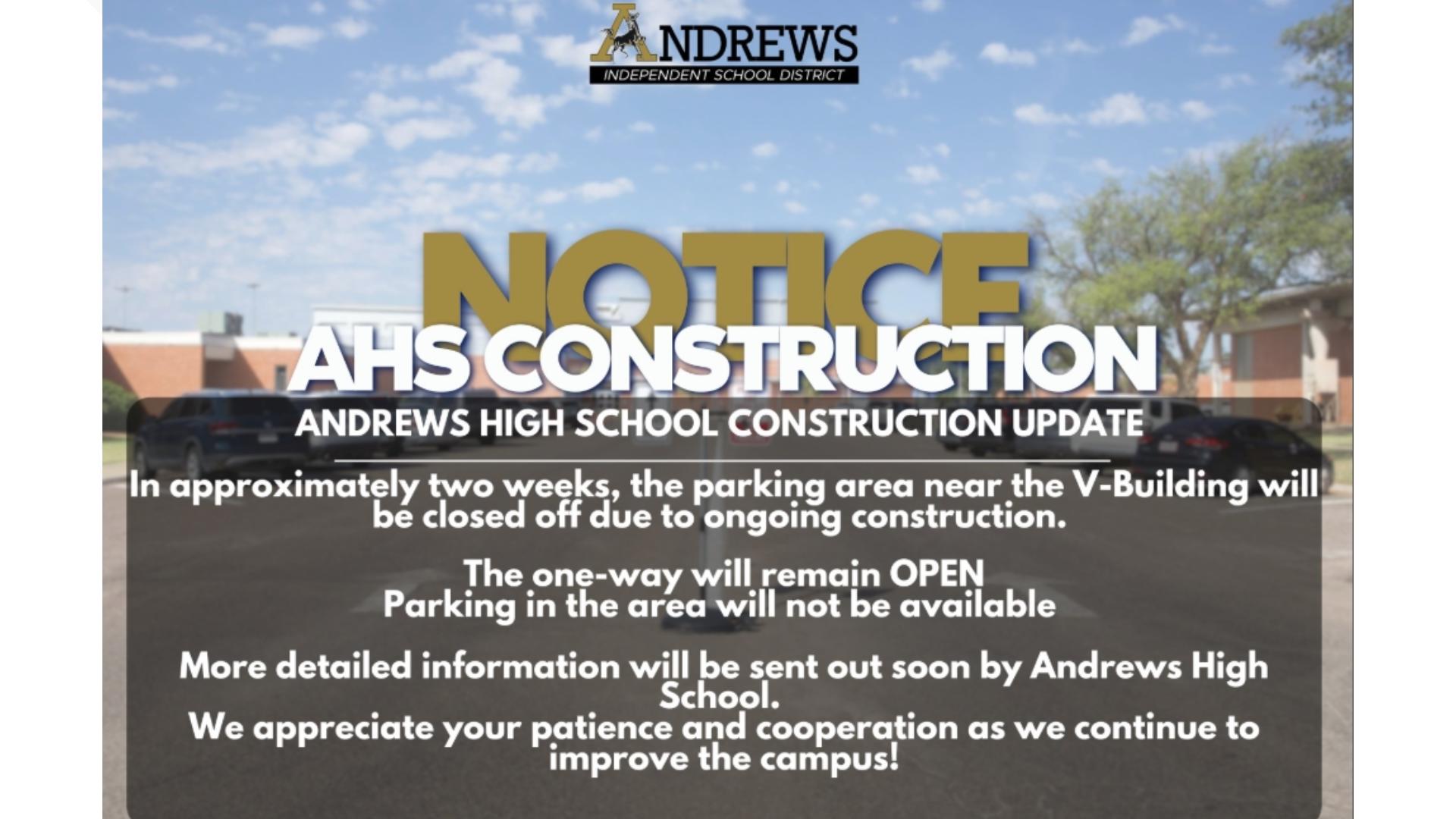 Andrews High School closes parking area for construction | newswest9.com