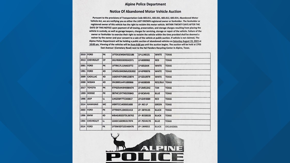 Alpine Police Department to host Abandoned Motor Vehicle Auction ...
