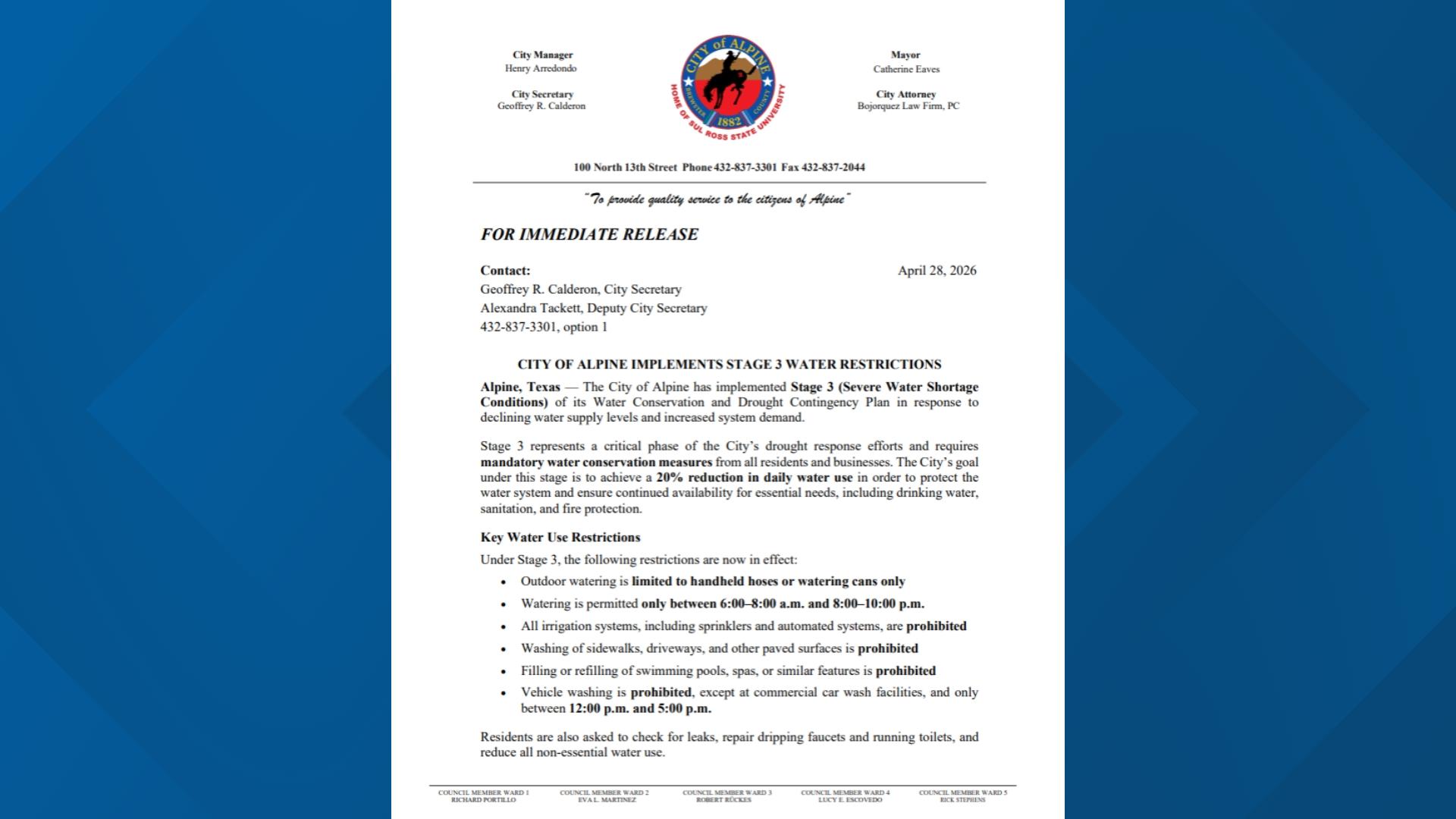 City of Alpine issues mandatory restrictions after declaring "Severe ...