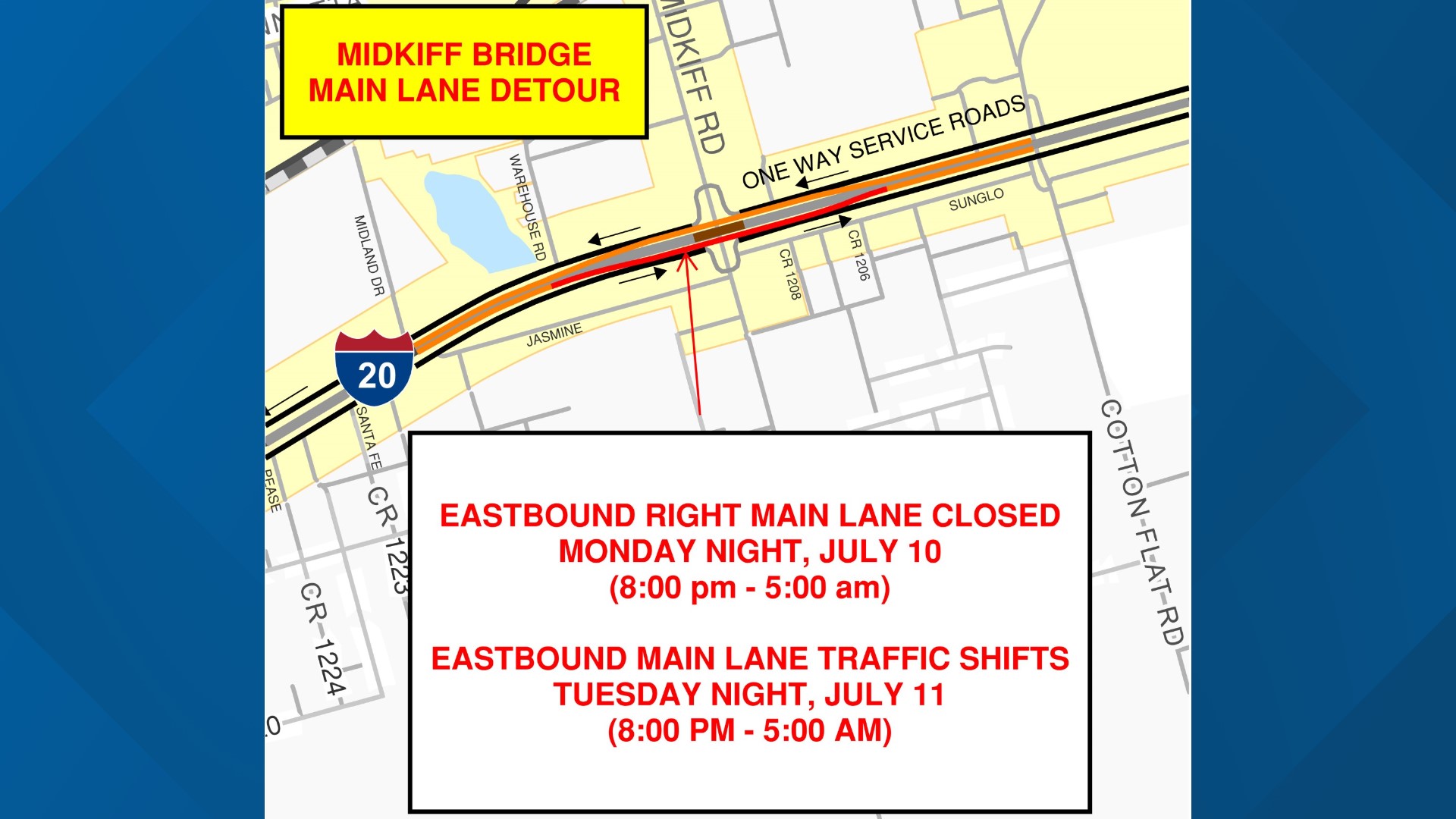 Eastbound main lane traffic in I-20/Midkiff Bridge area to shift to ...