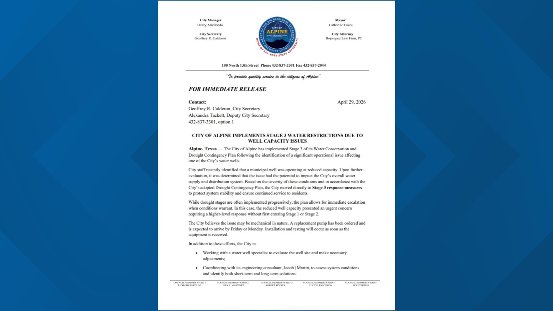 City of Alpine issues mandatory restrictions after declaring "Severe ...