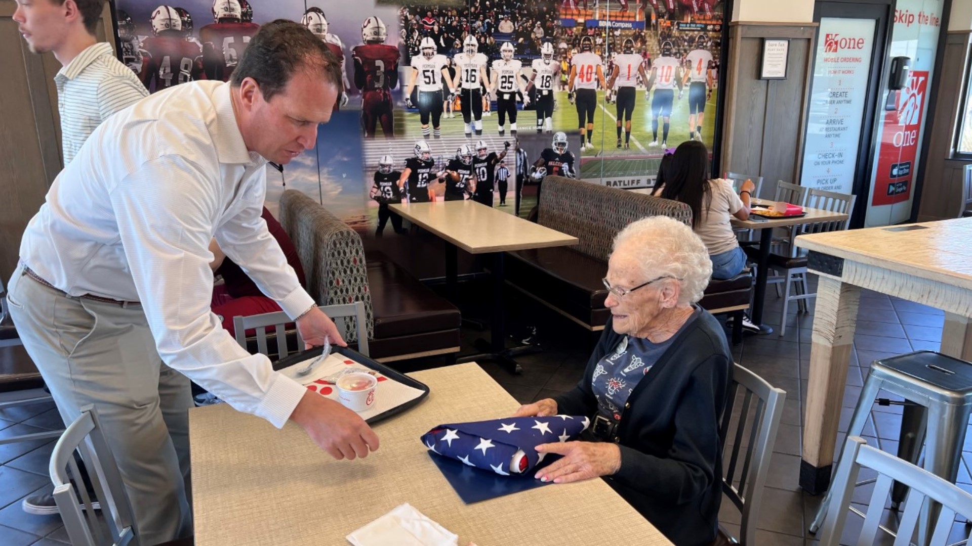 Rep. Pfluger surprises beloved Chick-fil-A worker with special flag ...